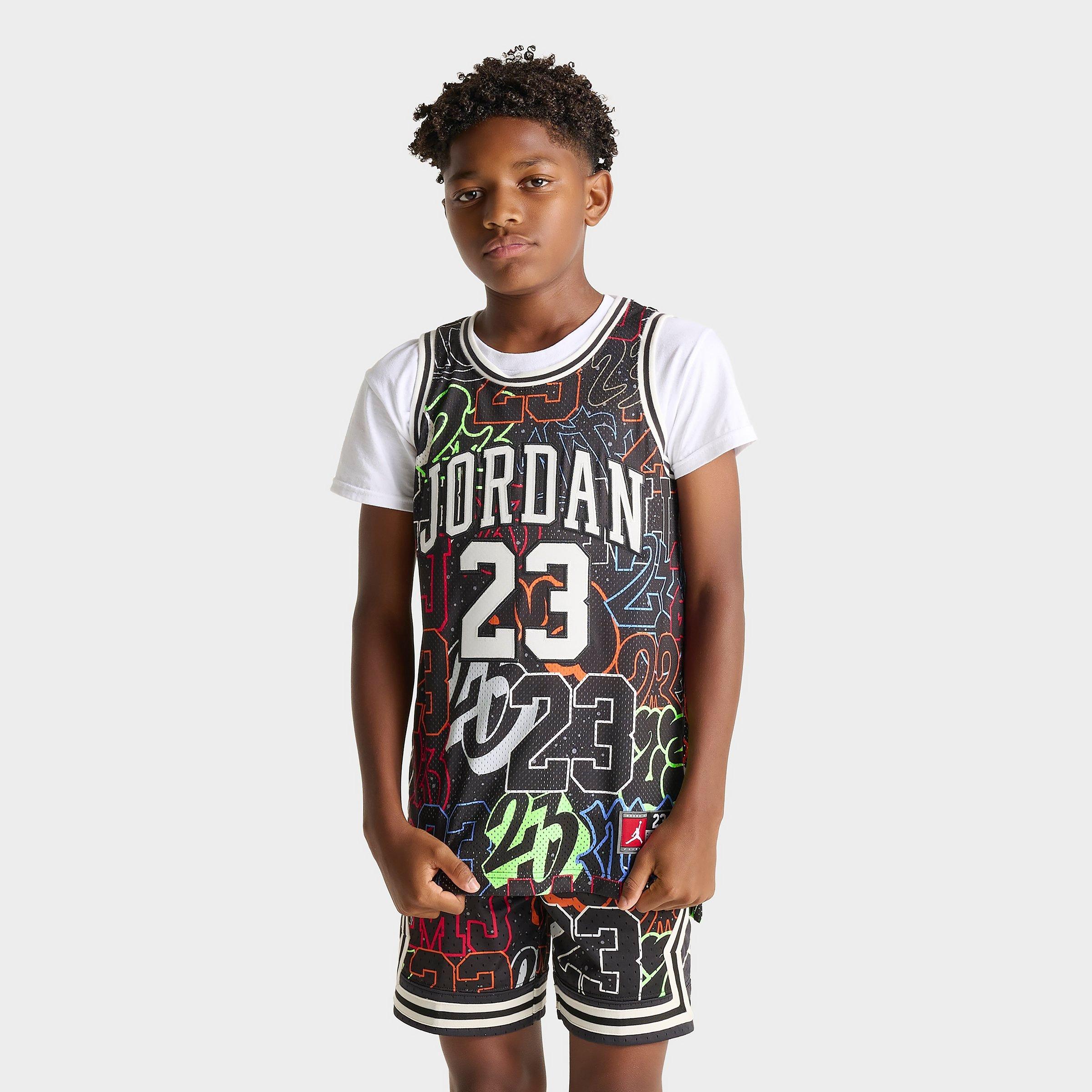 Click here for Jordan Big Kids 23 Multi Print Jersey in Black/Sai... prices